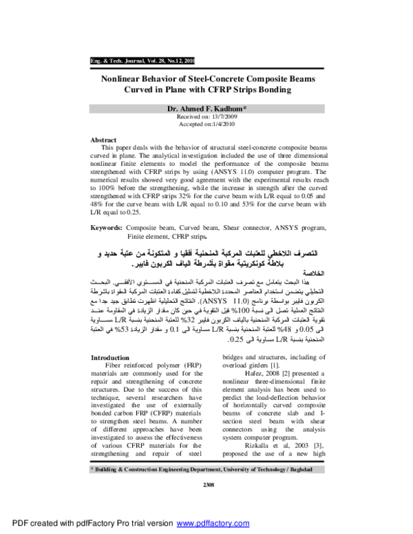 Pdf Nonlinear Behavior Of Steel Concrete Composite Beams Curved In