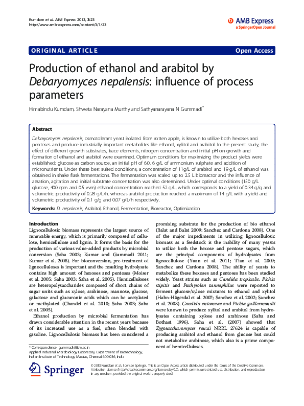 (PDF) Production of ethanol and arabitol by Debaryomyces nepalensis ...