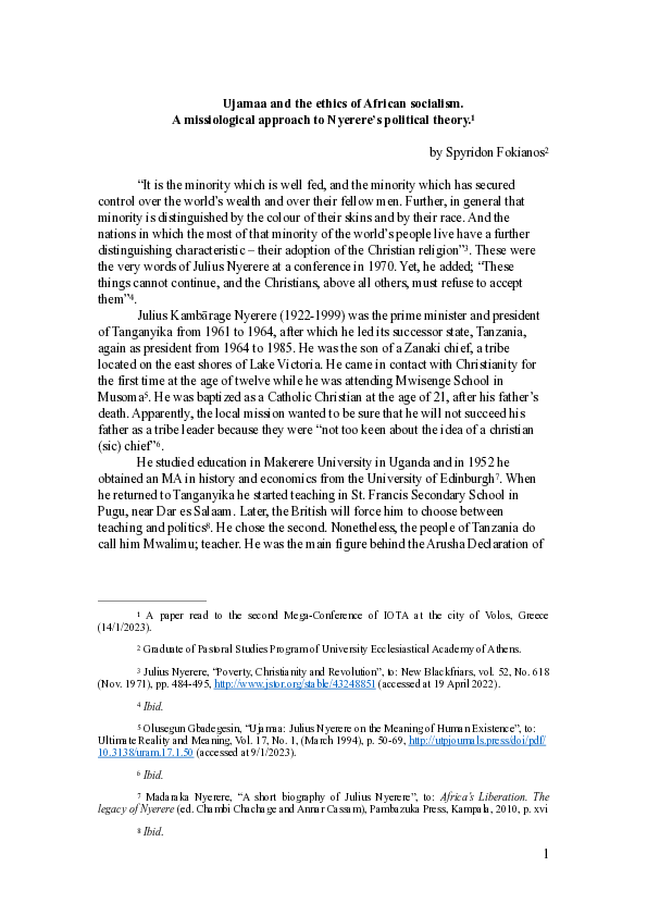 (PDF) Ujamaa and the ethics of African socialism. A missiological ...
