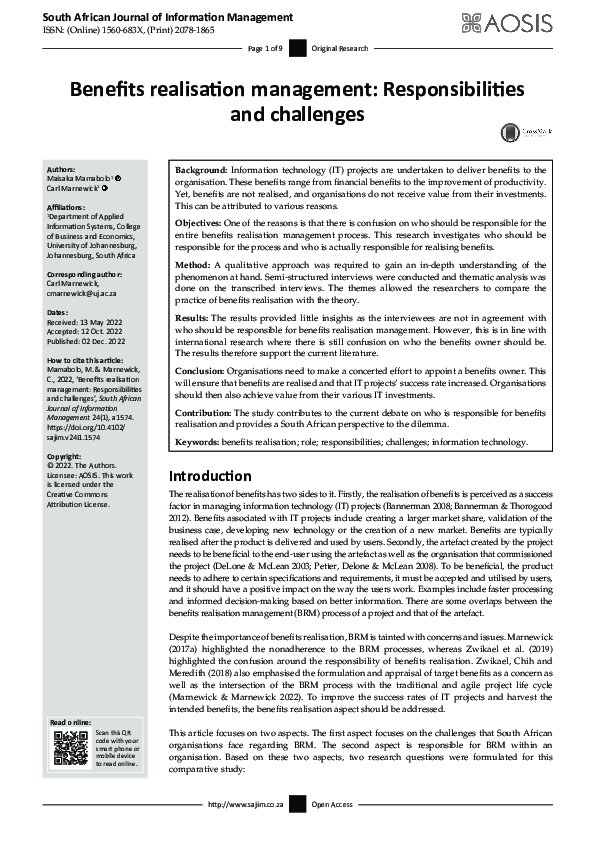 (PDF) Benefits realisation management: Responsibilities and challenges