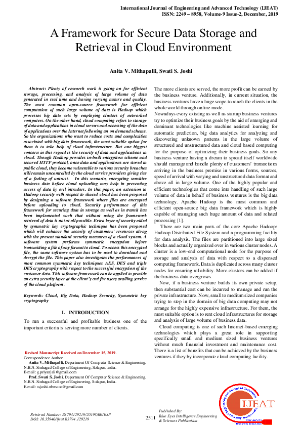 Pdf A Framework For Secure Data Storage And Retrieval In Cloud Environment Anita Mithapalli