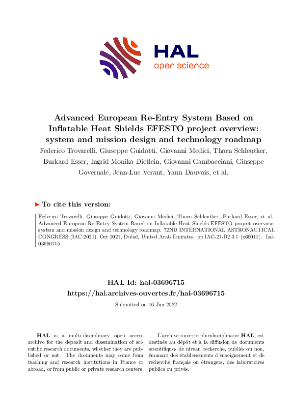 (PDF) Advanced European Re-Entry System Based on Inflatable Heat ...