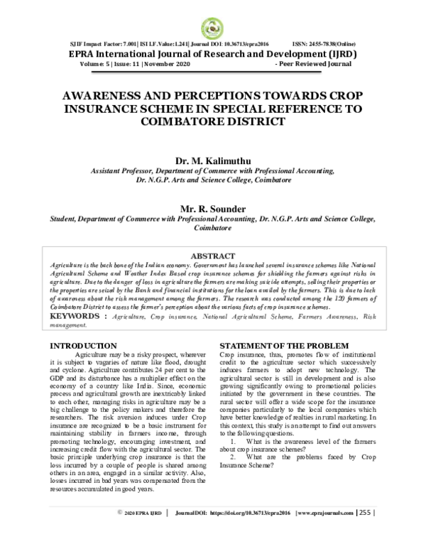 (PDF) AWARENESS AND PERCEPTIONS TOWARDS CROP INSURANCE SCHEME IN SPECIAL REFERENCE TO COIMBATORE ...