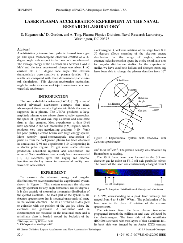 (PDF) Laser plasma acceleration experiment at the naval research laboratory