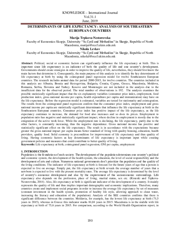(PDF) Determinants of Life Expectancy: Analysis of Southeastern ...