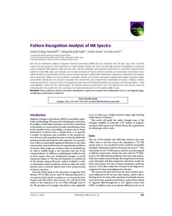 (PDF) Pattern Recognition Analysis of MR Spectra