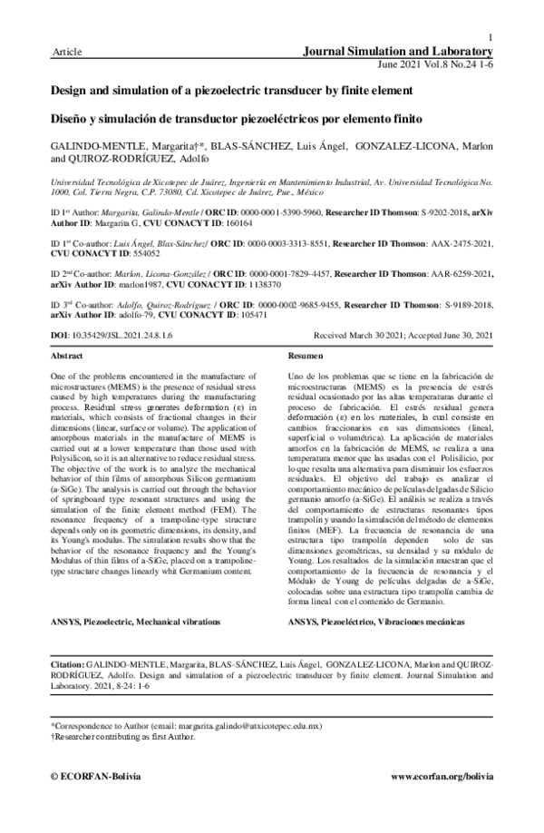 (PDF) Design and simulation of a piezoelectric transducer by finite element