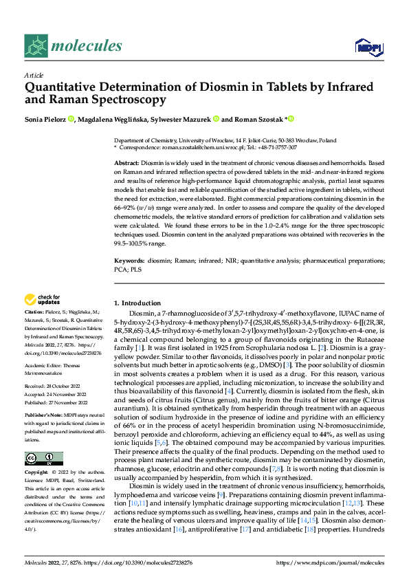 Pdf Quantitative Determination Of Diosmin In Tablets By Infrared And Raman Spectroscopy