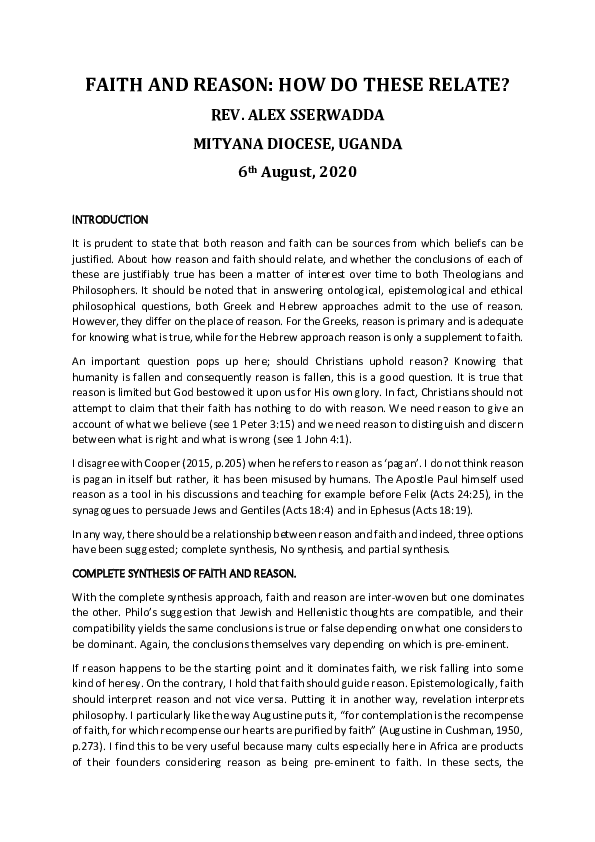 (PDF) FAITH AND REASON: HOW DO THESE RELATE