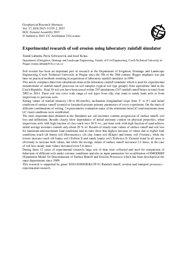 (PDF) Experimental research of soil erosion using laboratory rainfall ...
