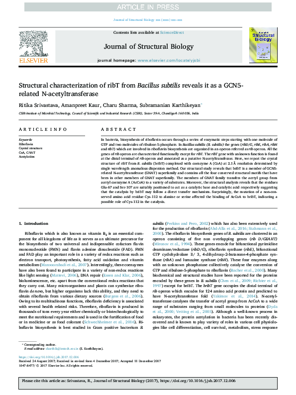 (PDF) Structural characterization of ribT from Bacillus subtilis ...