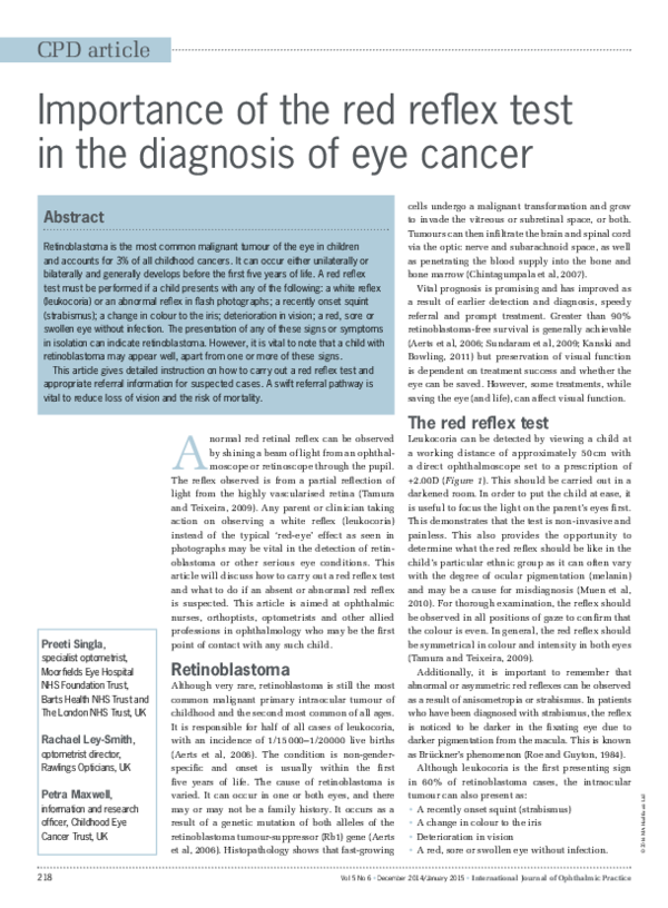 (PDF) Importance of the red reflex test in the diagnosis of eye cancer