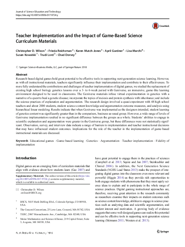(PDF) Teacher Implementation and the Impact of Game-Based Science ...