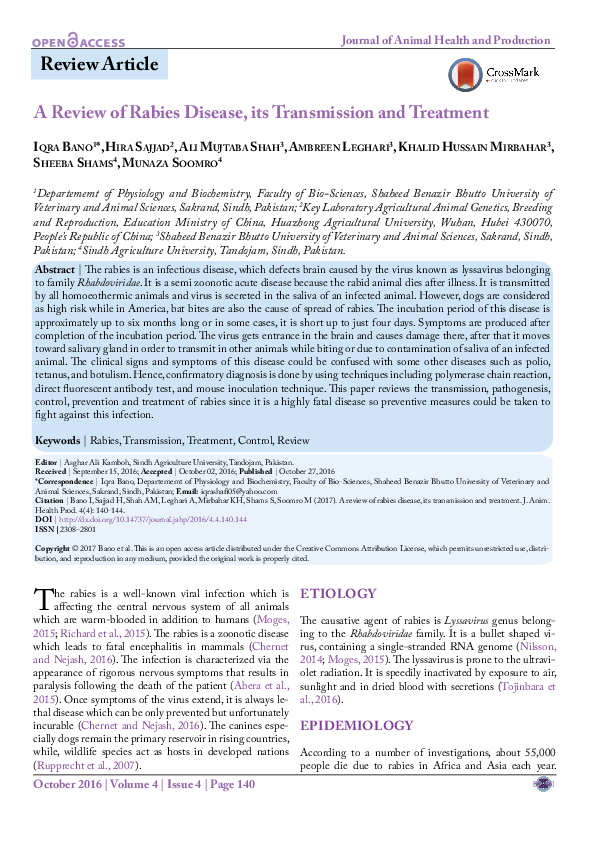 (PDF) A Review of Rabies Disease, its Transmission and Treatment