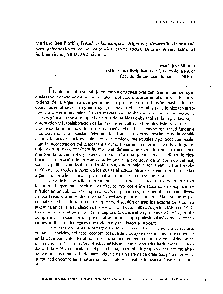 (PDF) Mariano Ben Plotkin. Freud en las pampas. Orígenes y desarrollo de una cultura ...