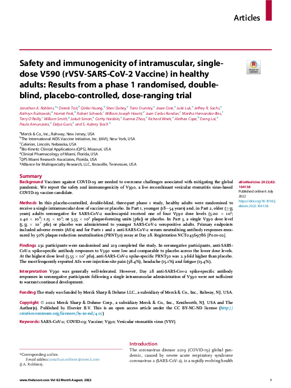 (PDF) Safety and immunogenicity of intramuscular, single-dose V590 ...