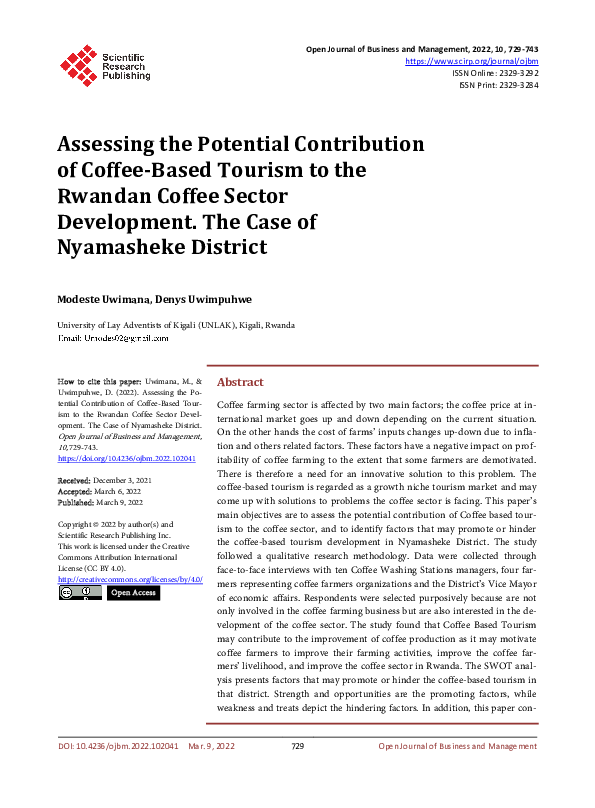 (PDF) Assessing the Potential Contribution of Coffee-Based Tourism to the Rwandan Coffee Sector ...