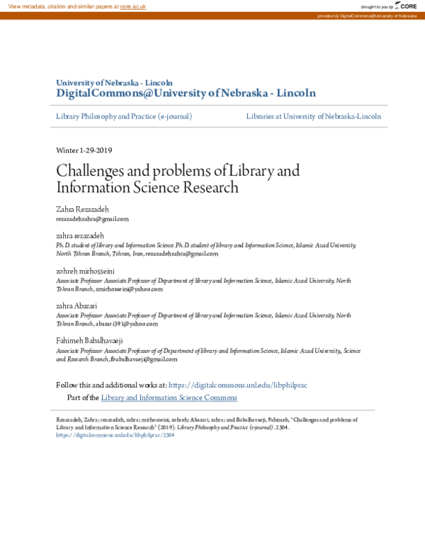 (PDF) Challenges and problems of Library and Information Science Research
