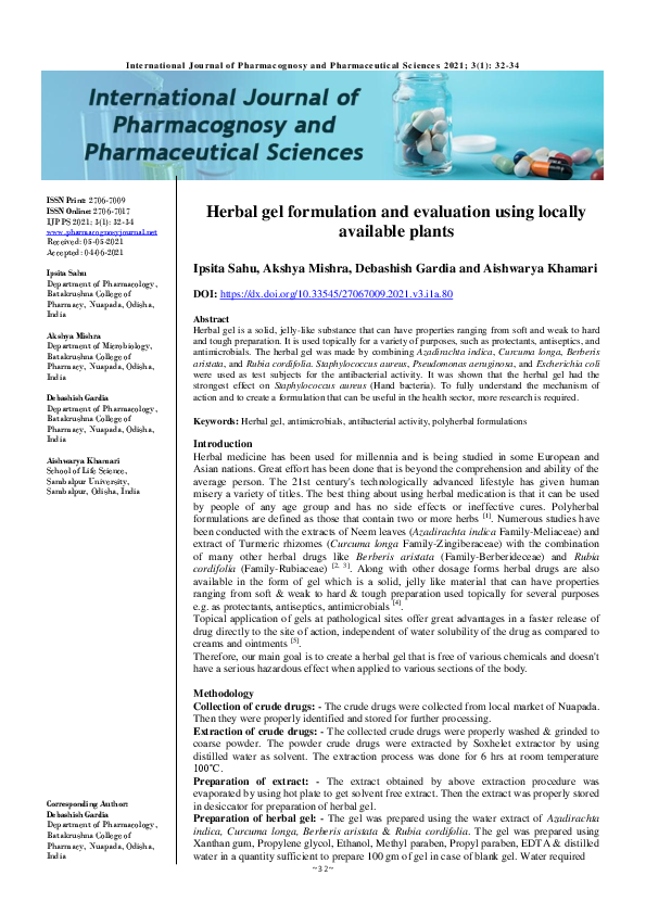 Pdf Herbal Gel Formulation And Evaluation Using Locally Available Plants
