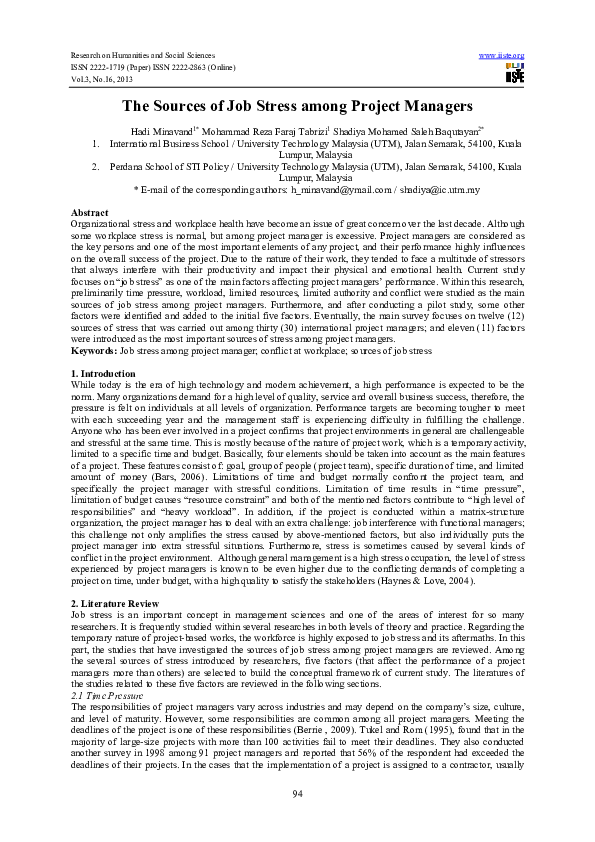 (PDF) The Sources of Job Stress among Project Managers