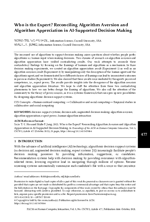 Pdf Who Is The Expert Reconciling Algorithm Aversion And Algorithm Appreciation In Ai