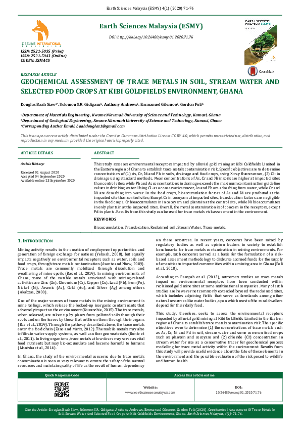 (PDF) Geochemical Assessment of Trace Metals in Soil, Stream Water and ...