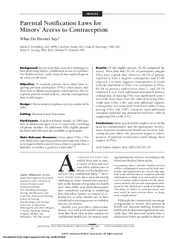 (PDF) Parental Notification Laws for Minors’ Access to Contraception