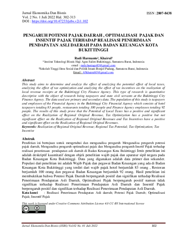 (PDF) Pengaruh Potensi Pajak Daerah , Optimalisasi Pajak dan Insentif Pajak terhadap Realisasi ...
