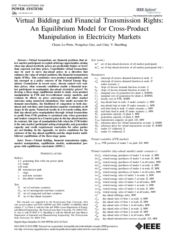 (PDF) Virtual Bidding and Financial Transmission Rights: An Equilibrium ...