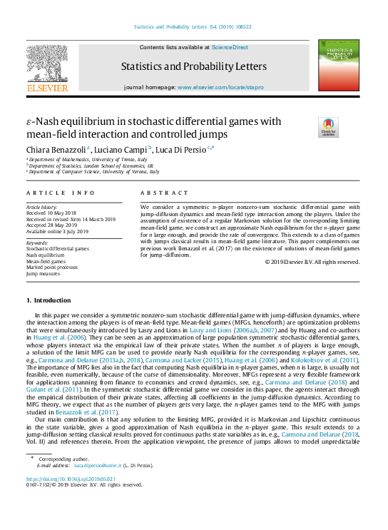 (PDF) ε-Nash equilibrium in stochastic differential games with mean-field interaction and ...