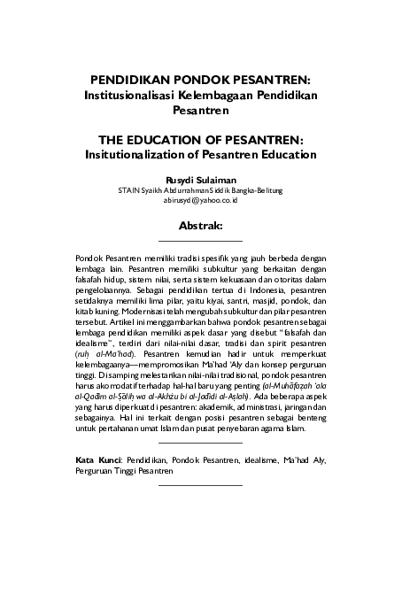 (PDF) Pendidikan Pondok Pesantren: Institusionalisasi Kelembagaan ...