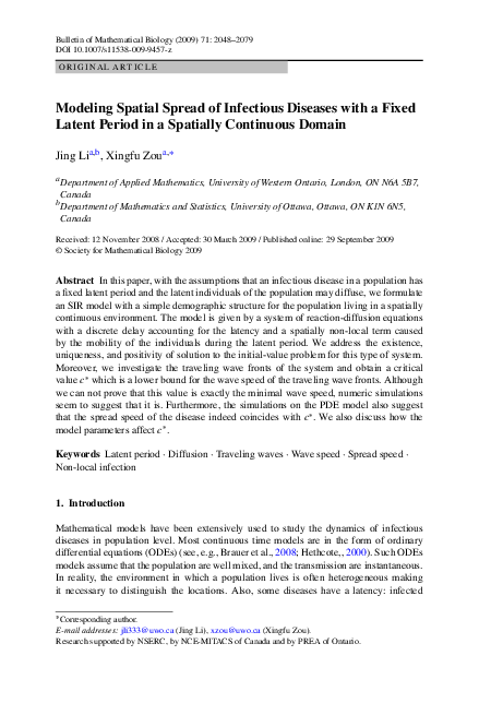 (PDF) Modeling Spatial Spread of Infectious Diseases with a Fixed ...