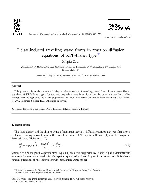(PDF) Delay induced traveling wave fronts in reaction diffusion ...