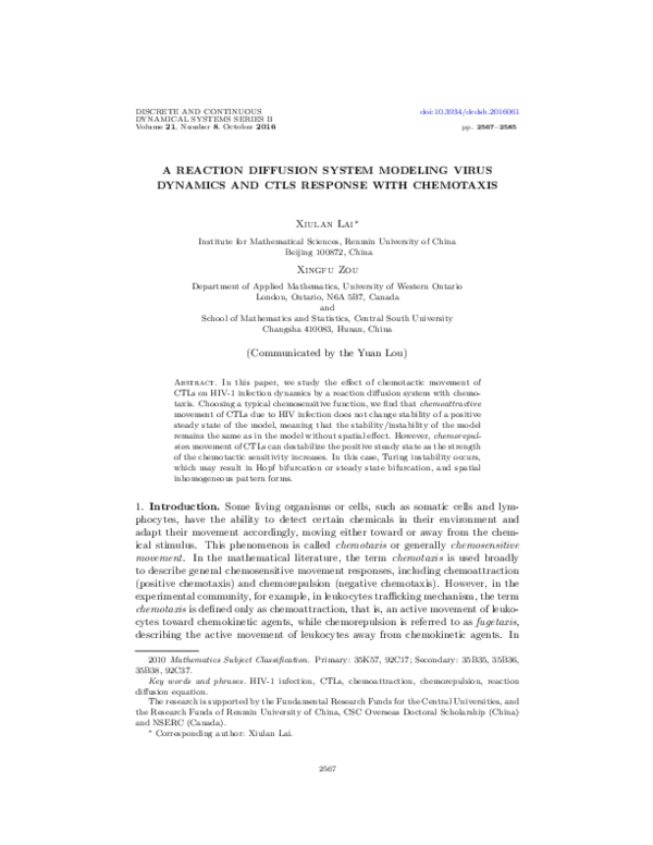 (PDF) A reaction diffusion system modeling virus dynamics and CTLs response with chemotaxis