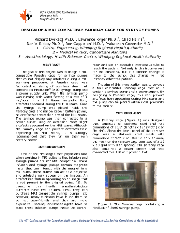 (PDF) Design of a MRI Compatible Faraday Cage for Syringe Pumps