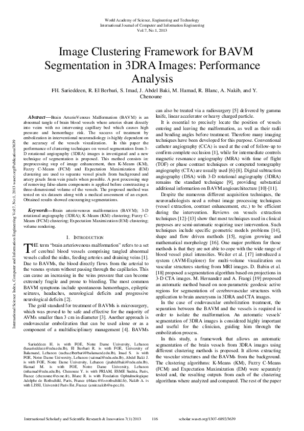 (PDF) Image Clustering Framework For Bavm Segmentation In 3Dra Images: Performance Analysis | Dr ...