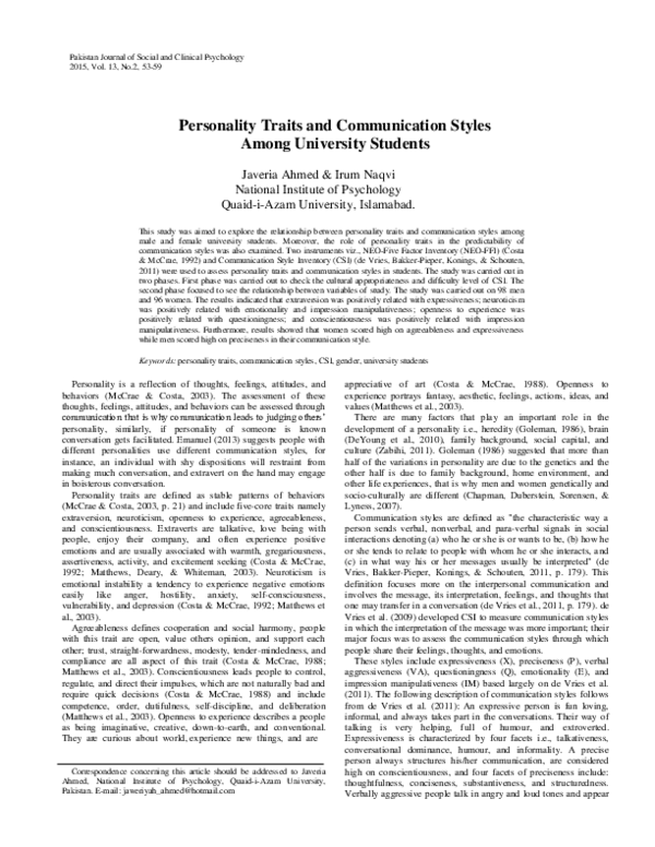 (PDF) Personality Traits and Communication Styles Among University Students