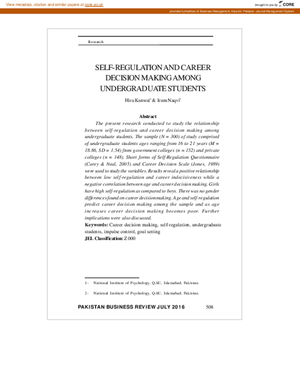 (PDF) Self-Regulation and Career Decision Making Among Undergraduate Students