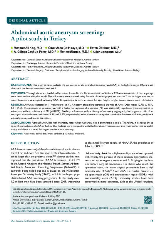 (PDF) Abdominal aortic aneurysm screening: a pilot study in Turkey ...