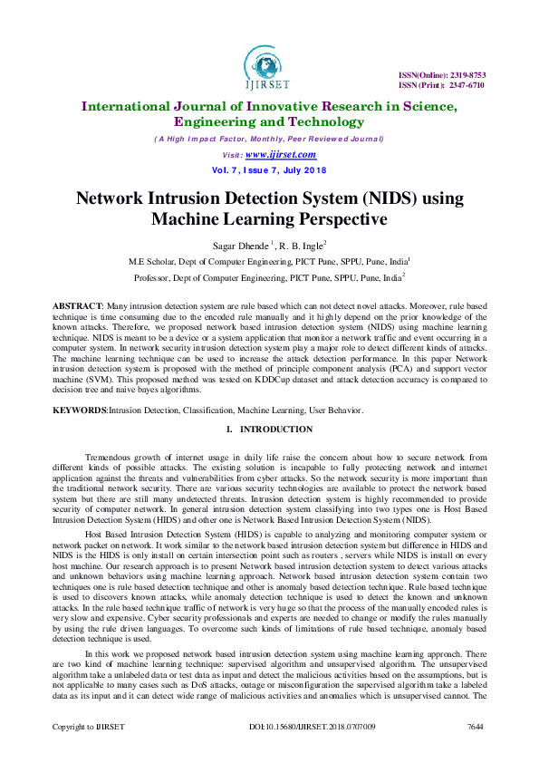 (PDF) Network Intrusion Detection System (NIDS) using Machine Learning Perspective