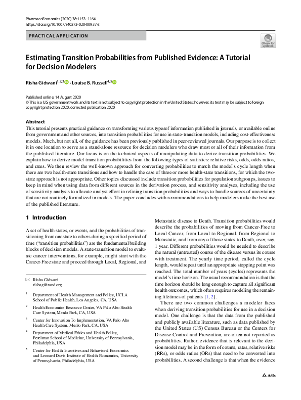 (PDF) Estimating Transition Probabilities from Published Evidence: A Tutorial for Decision Modelers