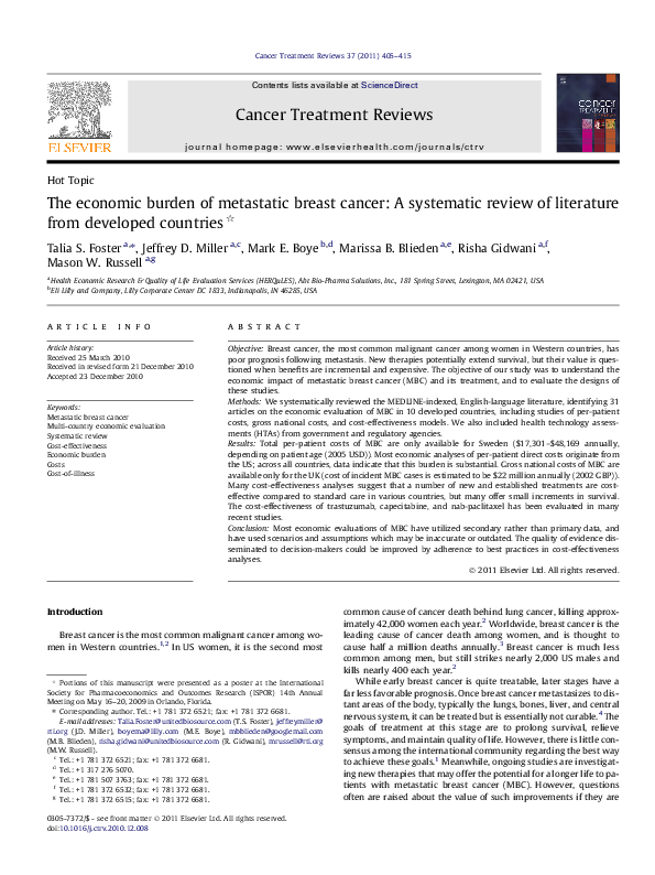 (PDF) The economic burden of metastatic breast cancer: A systematic review of literature from ...
