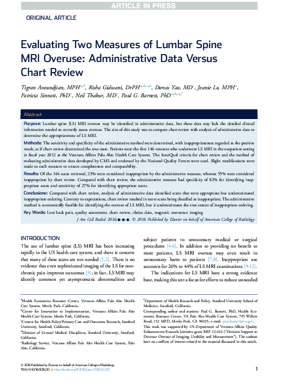 Pdf Evaluating Two Measures Of Lumbar Spine Mri Overuse