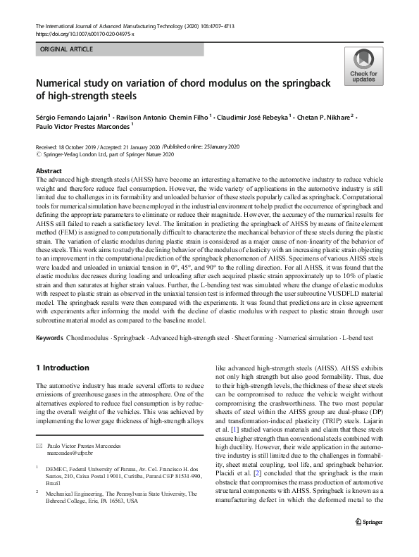 (PDF) Numerical study on variation of chord modulus on the springback of high-strength steels