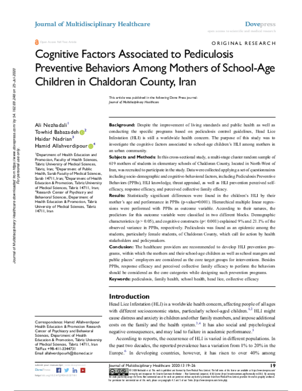(PDF) Cognitive Factors Associated to Pediculosis Preventive Behaviors ...