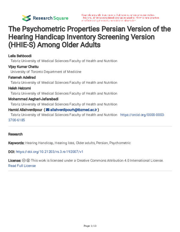 (PDF) The Psychometric Properties Persian Version of the Hearing ...