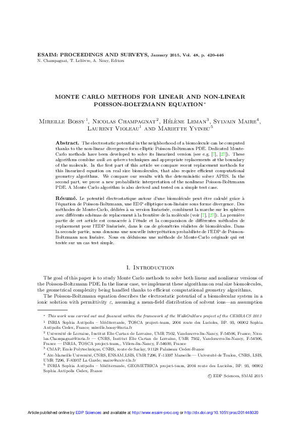 (PDF) Monte Carlo methods for linear and non-linear Poisson-Boltzmann equation