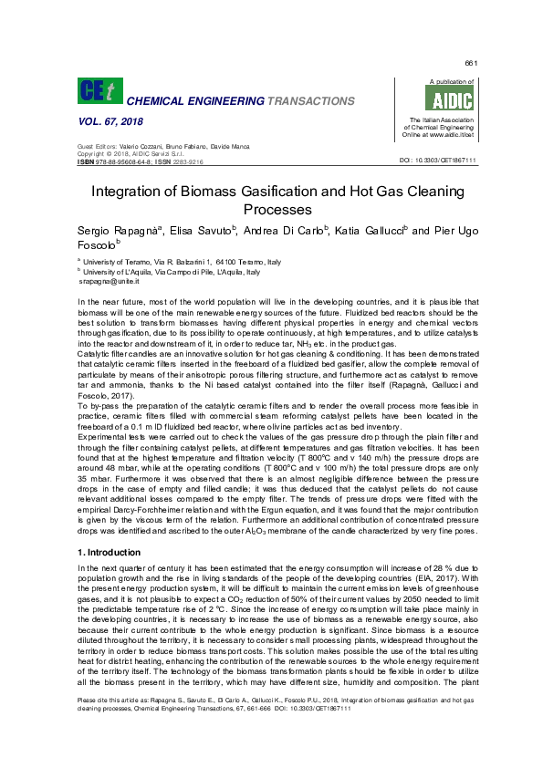 (PDF) Integration of Biomass Gasification and Hot Gas Cleaning Processes | Sergio Rapagna ...