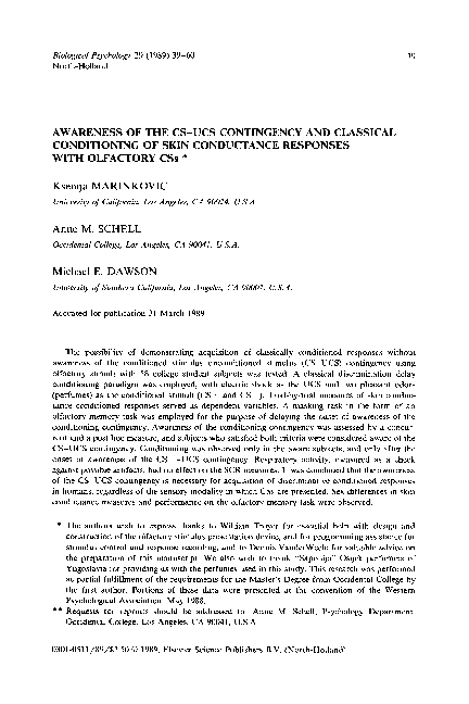 (PDF) Awareness of the CS-UCS contingency and classical conditioning of ...