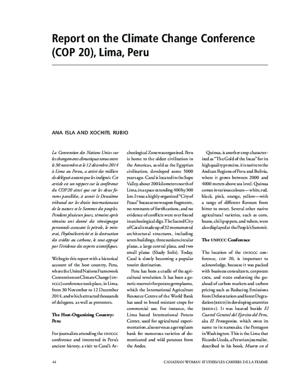 (PDF) Report on the Climate Change Conference ( cop 20), Lima, Peru